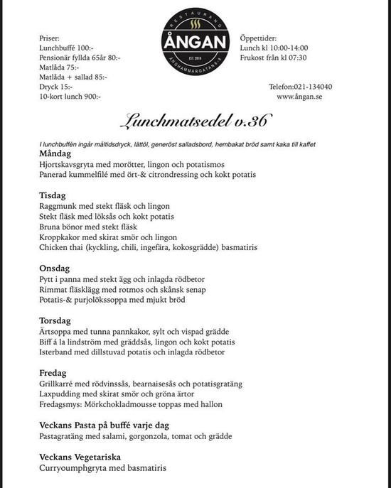 Menu at Ångan restaurant, Västerås, Ånghammargatan 6-8
