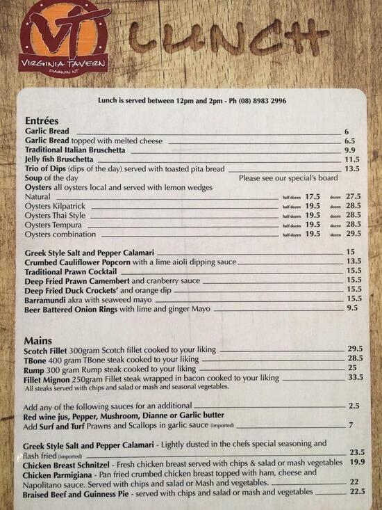 Menu at Virginia Tavern restaurant, Virginia, 30 Virginia Rd
