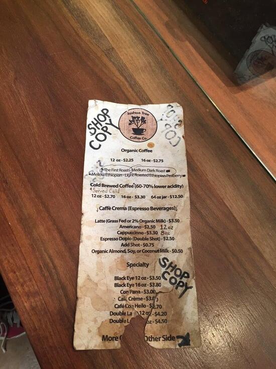 Menu at Joshua Tree Coffee Company cafe, Joshua Tree