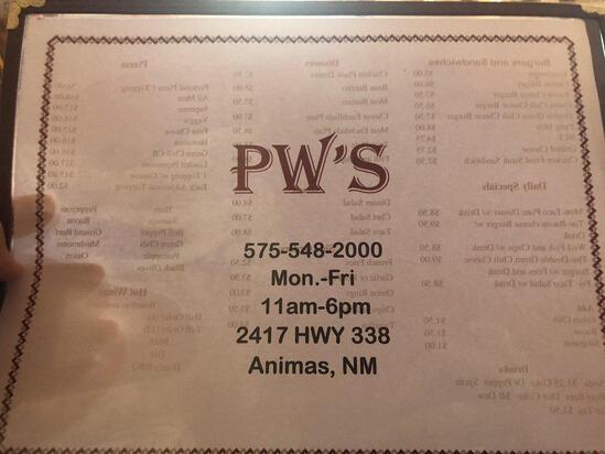 Menu at PW’s restaurant, Animas