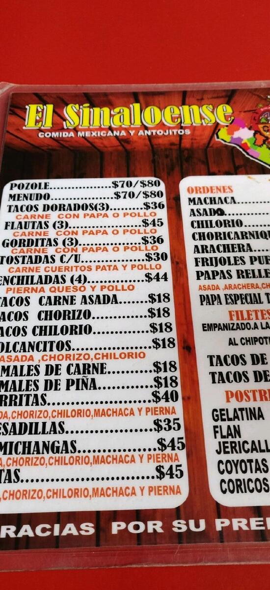 Menu at El sinaloense restaurant, Zapopan, C. San José María Robles 810