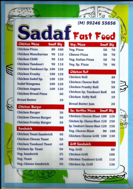 Menu at Sadaf fast food, Surat