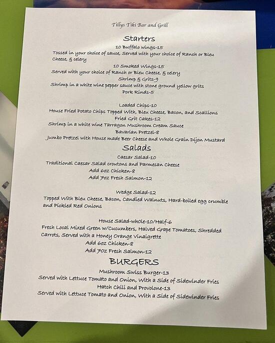 Menu at Tilly’s Tiki Bar and Grill, Gumlog