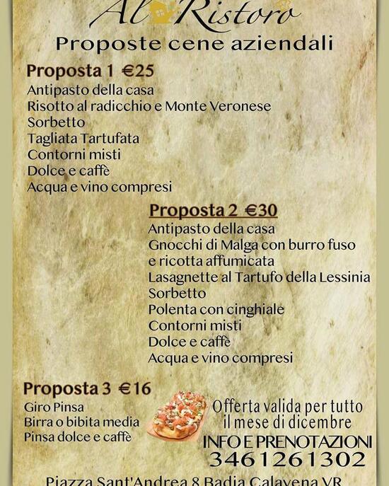 Menu at Al Ristoro restaurant, Badia Calavena