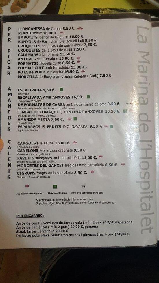 Carta del pub y bar La Marina del l'Hospitalet, Hospitalet del ...
