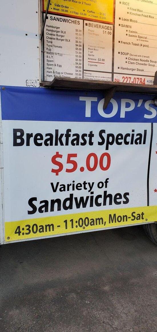 Menu at Top's Deli, Honolulu, 685 Mapunapuna St