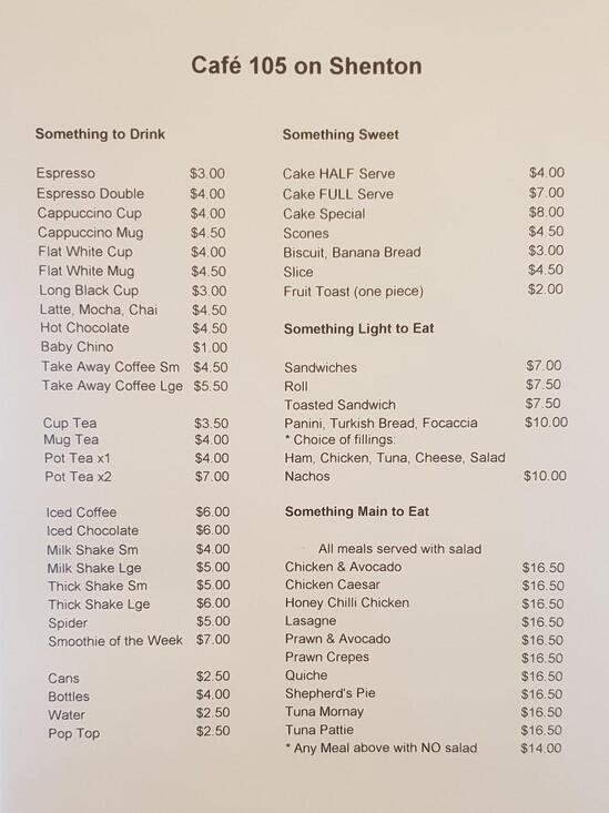 Menu at Cafè 105 on Shenton cafe, Geraldton