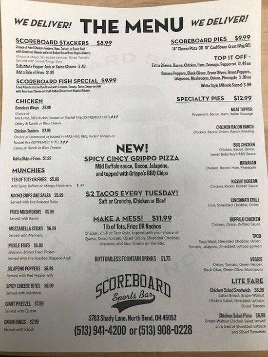 Menu at Scoreboards Sports Bar, North Bend, Shady Ln