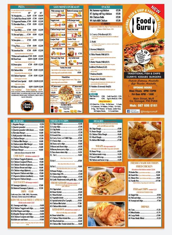 Menu at Food guru takeaway muff restaurant, Muff