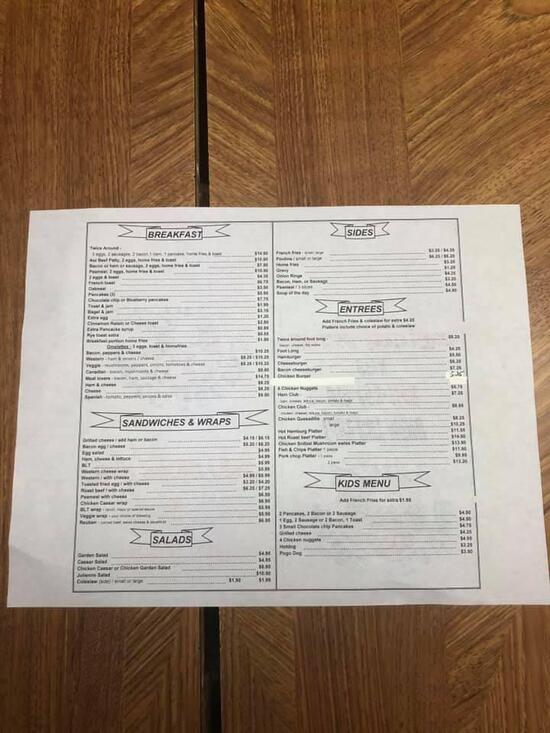Menu at Twice Around Diner restaurant, Drumbo