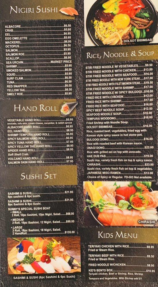 Menu at Sunny's Sushi restaurant, Horizon City