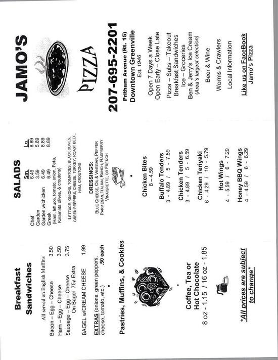 Menu at Jamo's Pizza pizzeria, Greenville, 34 Pritham Ave