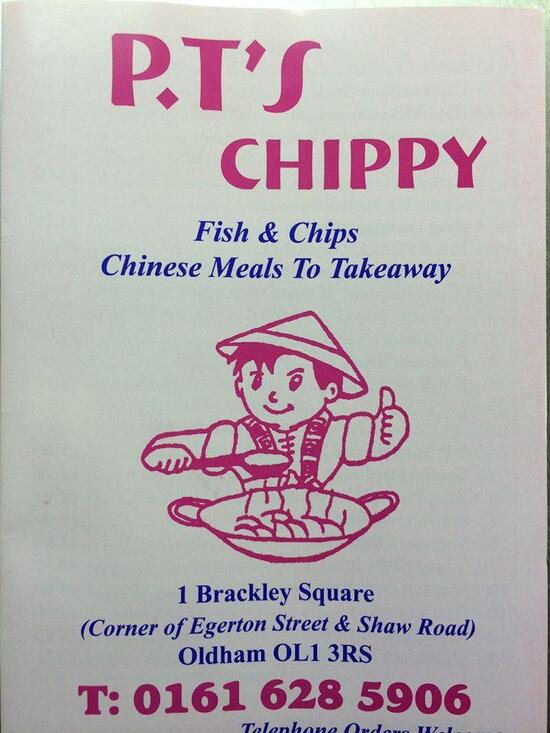 Menu at P.T.'s Chippy restaurant, Oldham