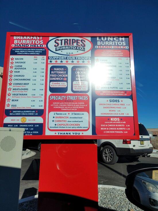 Menu at Stripes Burrito Co restaurant, Rio Rancho