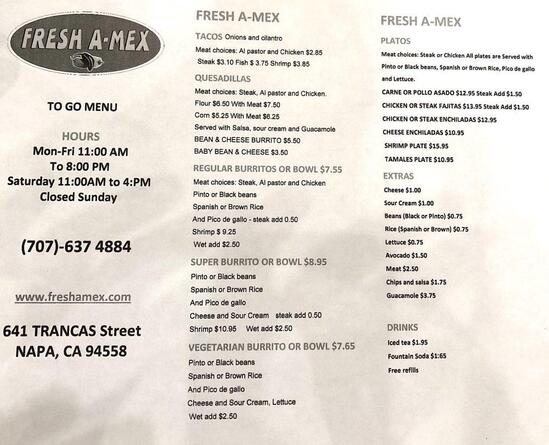 Menu at Fresh A Mex restaurant, Napa