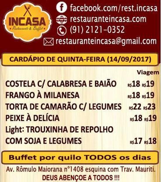 Menu at Incasa restaurant, Belém