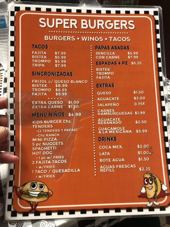 Menu at Super Burger /Taqueria restaurant, McAllen