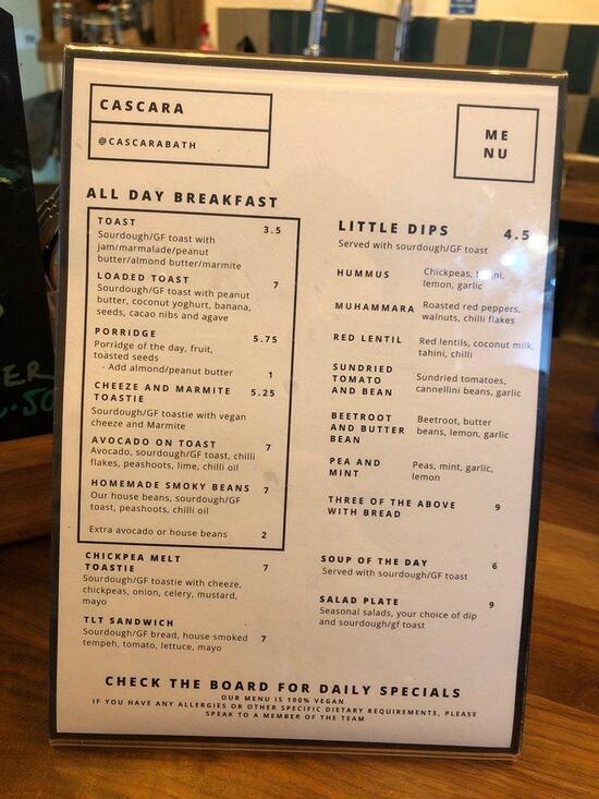 Menu at CASCARA pub & bar, Bath