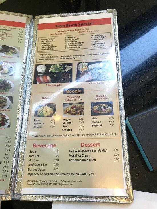 Menu at Toyo Sushi & Roll restaurant, Anaheim