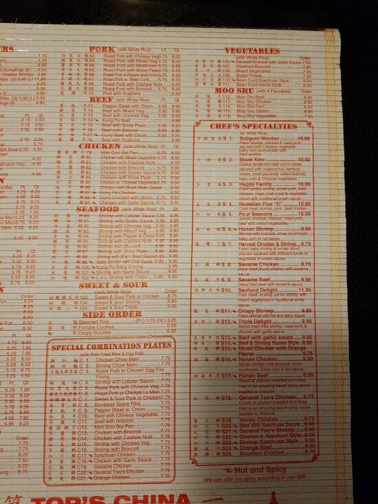 Menu at Top's China Restaurant, West Point