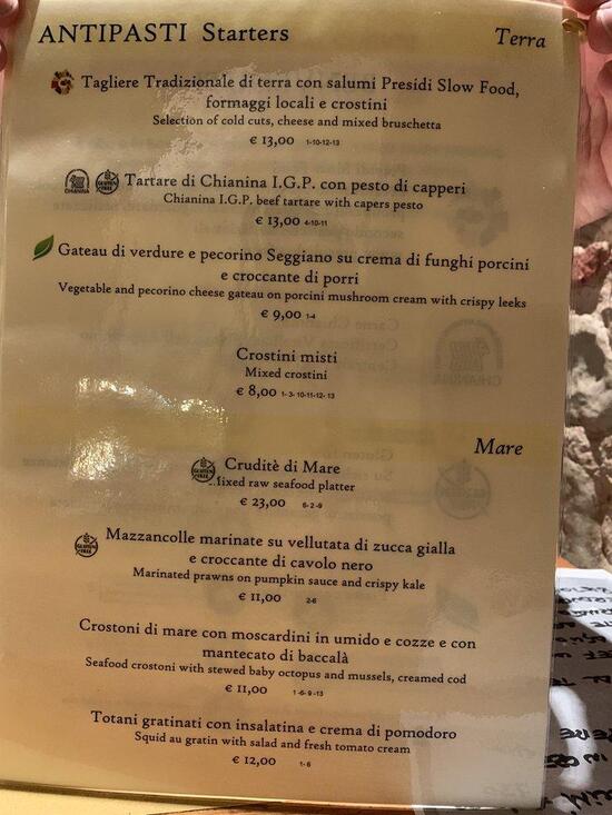 Carta del restaurante La Vecchia Lira, Volterra
