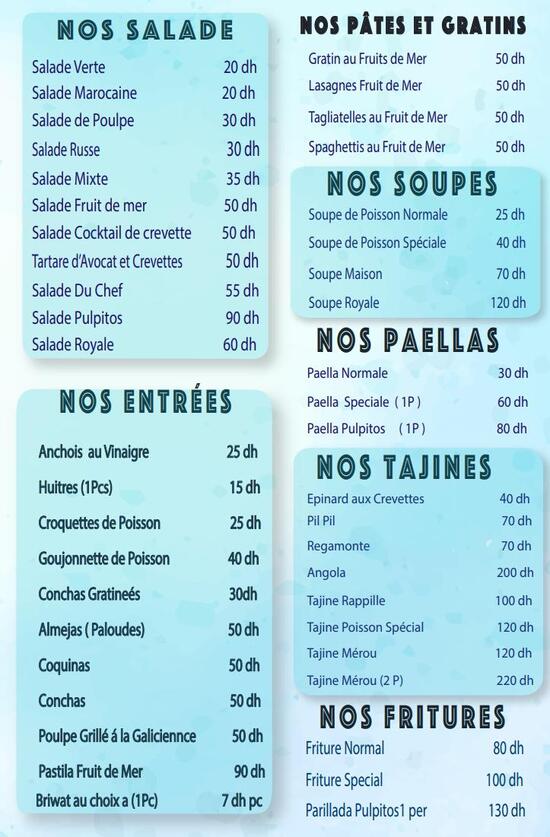 Menu at PULPITOS restaurant poissons, Tangier