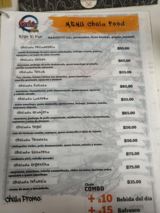Menu at Chula Food restaurant, Mexico City, Av. Antonio Delfin Madrigal 58
