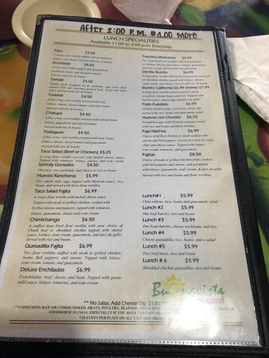 Menu at Buena Vista restaurant, Double Springs