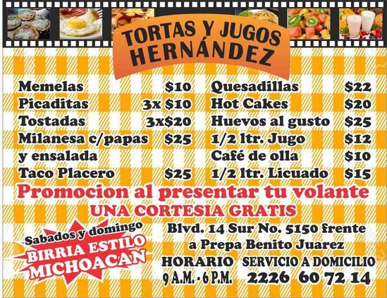 Menu at Jugos Y Tortas Hernandez restaurant, Puebla City