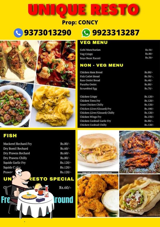 Menu at UNIQUE RESTO, Pernam Municipal Area