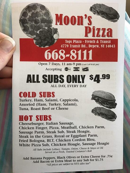 Menu at Moons Pizza pizzeria, Depew