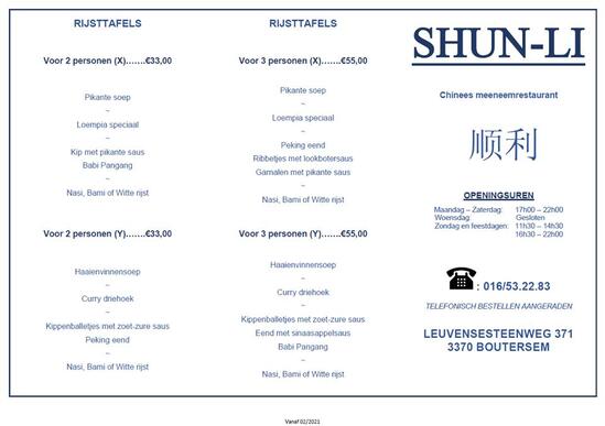Menu at Shun-Li, Boutersem
