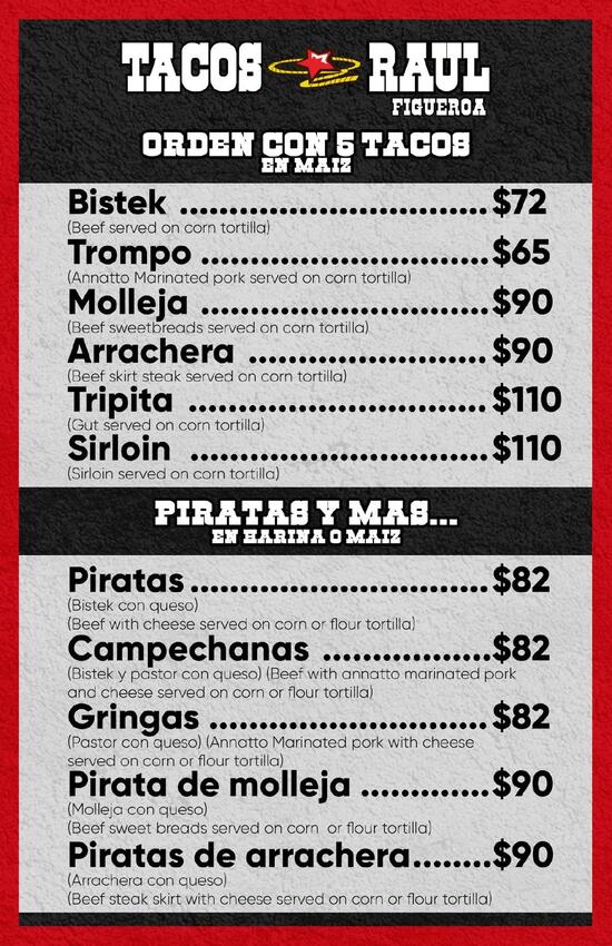 Menu at Tacos Raul restaurant, Saltillo, Blvd. Emilio Arizpe de la Maza Col
