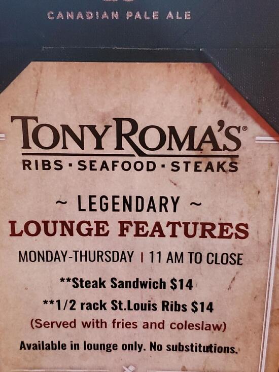 Menu at Tony Roma's restaurant, Lethbridge, Mayor Magrath Dr S