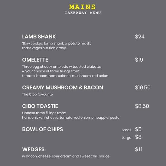 Menu at CIBO Cafe, Whangarei