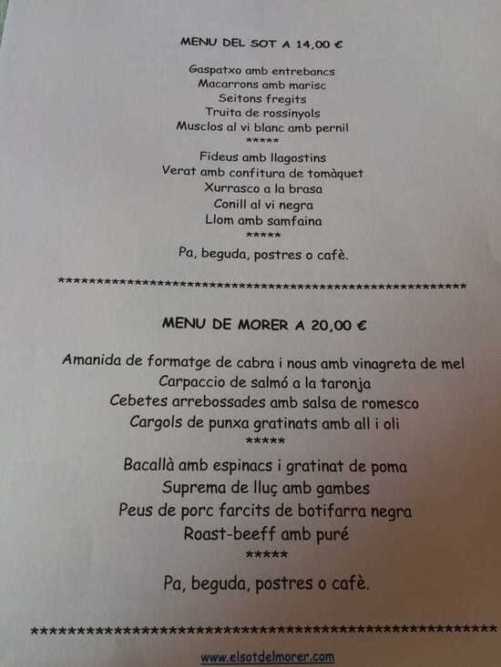 Menu at El Sot del Morer restaurant, Sant Pol de Mar