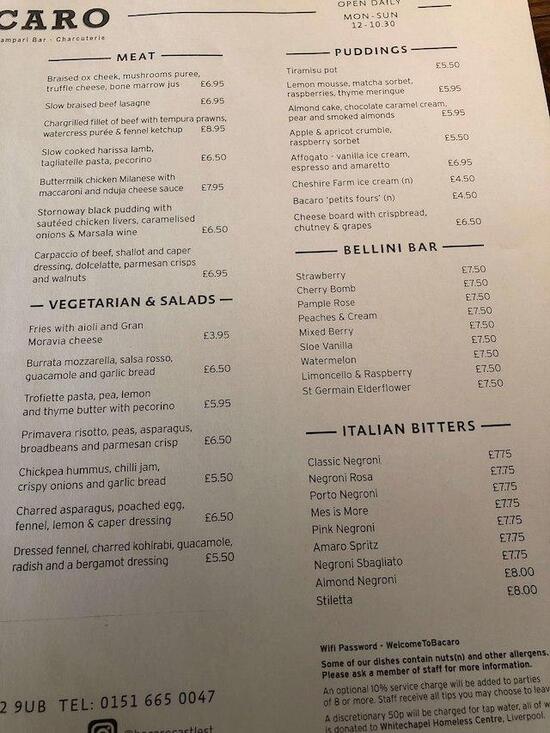 Menu at Bacaro pub & bar, Liverpool