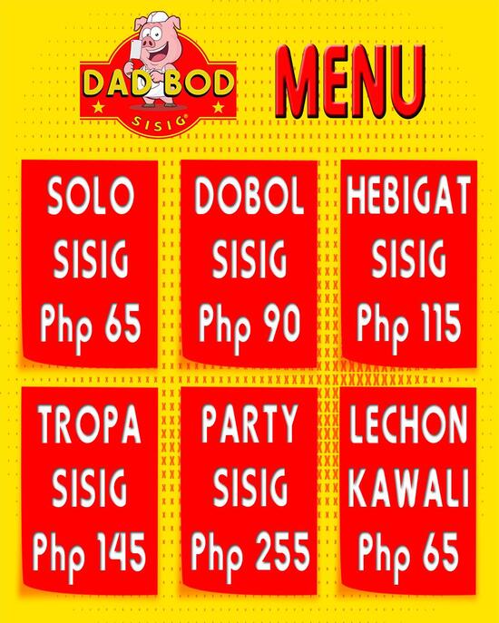 Menu at Dad Bod Sisig restaurant, Cainta