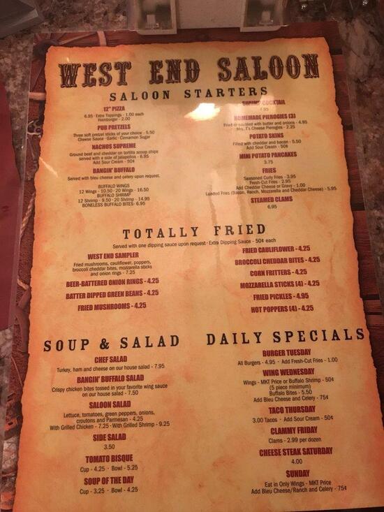 Menu at West End Saloon pub & bar, Palmerton