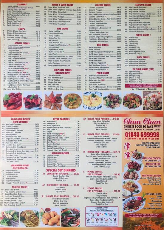 Menu at Chun Chun fast food, Ramsgate