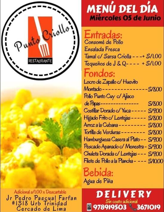 Menu at Punto Criollo restaurant, Lima, Pedro Pascual Farfan 1318