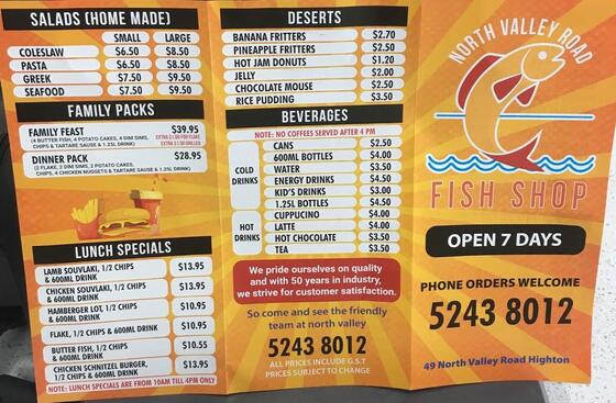Menu at North Valley RD Fish Shop fast food, Highton