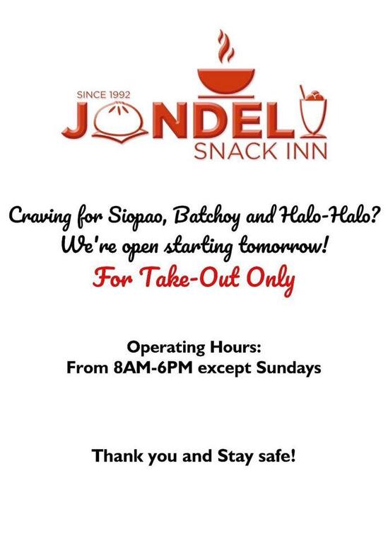 Menu at Jondel’s Snack Inn restaurant, Calbayog City