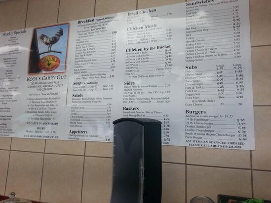Menu at Kool's Carry-Out restaurant, Cambridge, 112 Washington St
