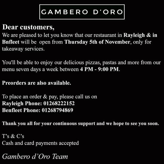 Menu at Gambero D'oro Rayleigh restaurant, Rayleigh