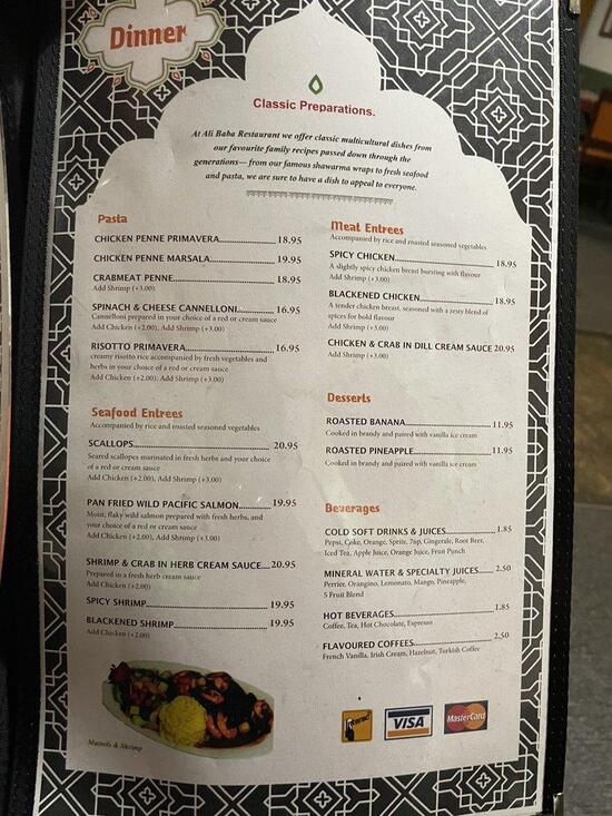 Menu at Ali Baba Cafe, Sudbury