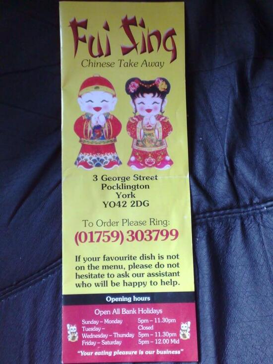 Menu at Fui Sing Chinese Take Away fast food, Pocklington