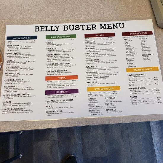 Menu at Belly Buster Sandwich Shop restaurant, Ontario