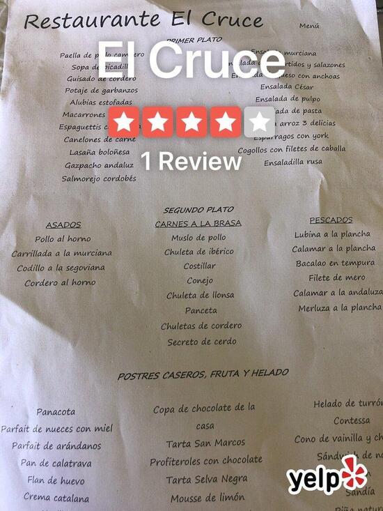 Menu at Restaurante El Cruce, Spain, Cruce a-31 con