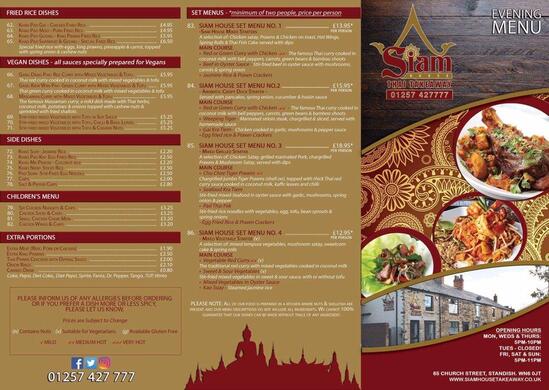 Menu at Siam House Thai Takeaway restaurant, Wigan